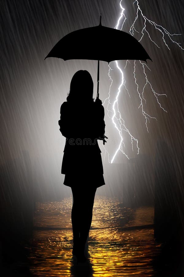 Woman Standing Holding an Umbrella in the Rain and Thunder at Night Stock Illustration ...