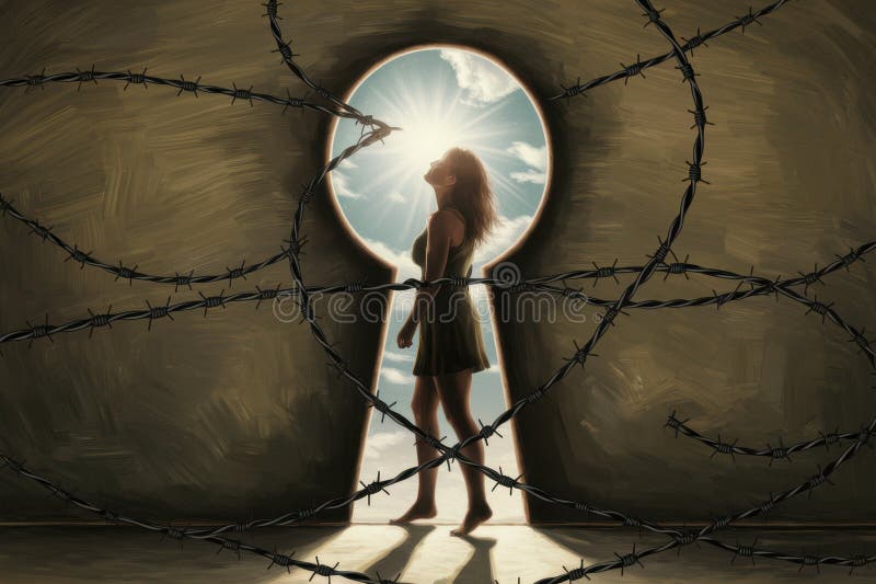 Woman Standing in Keyhole Surrounded by Barbed Wire As Sunlight Shines ...