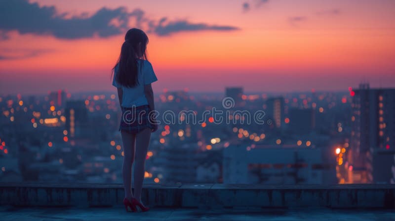 A Woman Standing on a Ledge Overlooking the City at Dusk, AI Stock ...