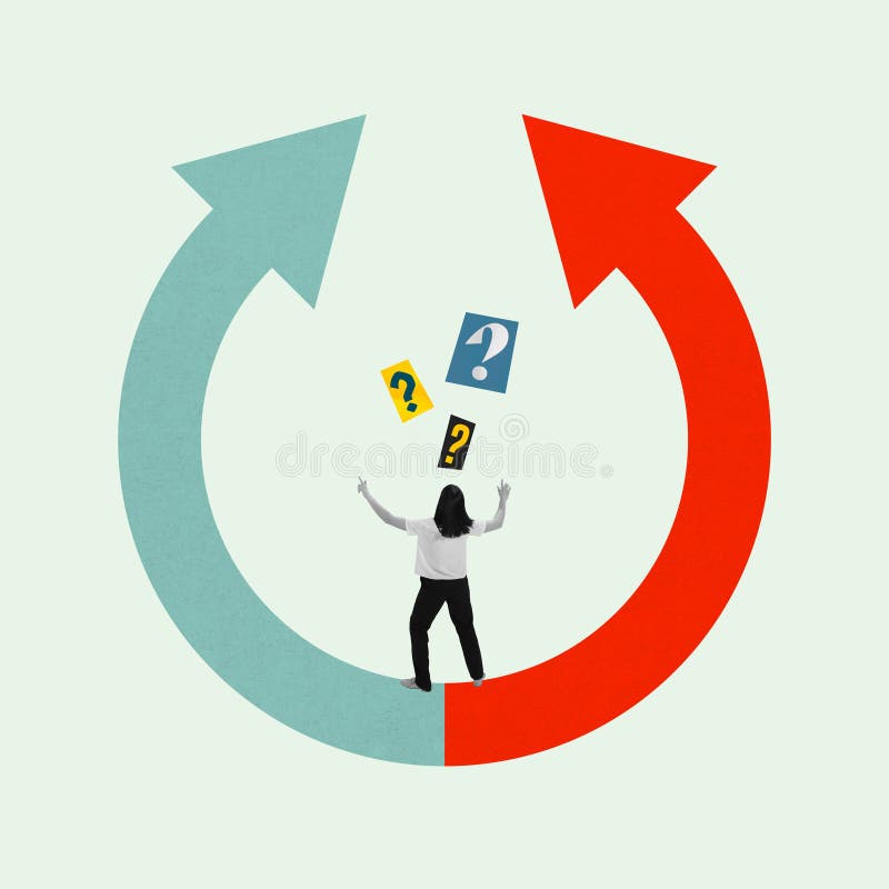 Woman Standing on Multicolored Arrows Directing Different Ways with ...