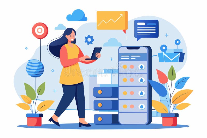 Woman Standing Next To Large Stack of Data, Woman Backup Big Data with ...