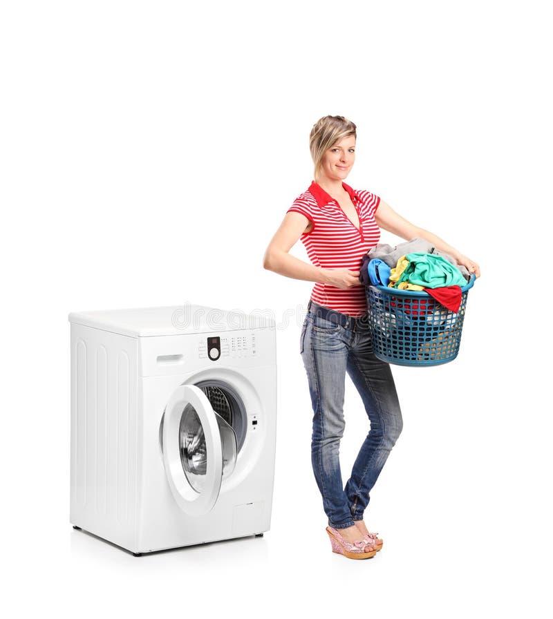 Happy Housewife Woman in Laundry Room with Washing Machine Stock Photo ...
