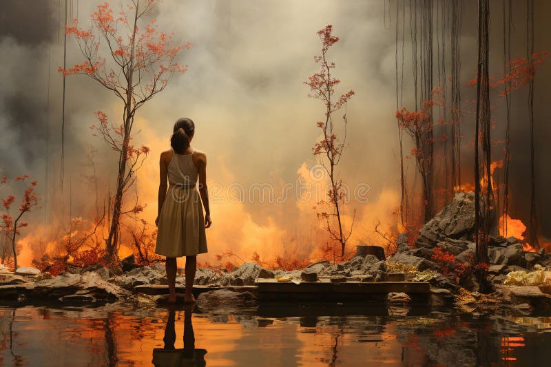 A Woman Standing in a Puddle in Front of a Fire. Enviromental Concept ...