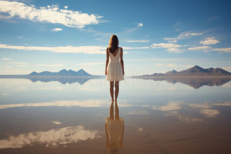 A Woman Standing on the Salt Lake with a Reflection in the Water Stock ...
