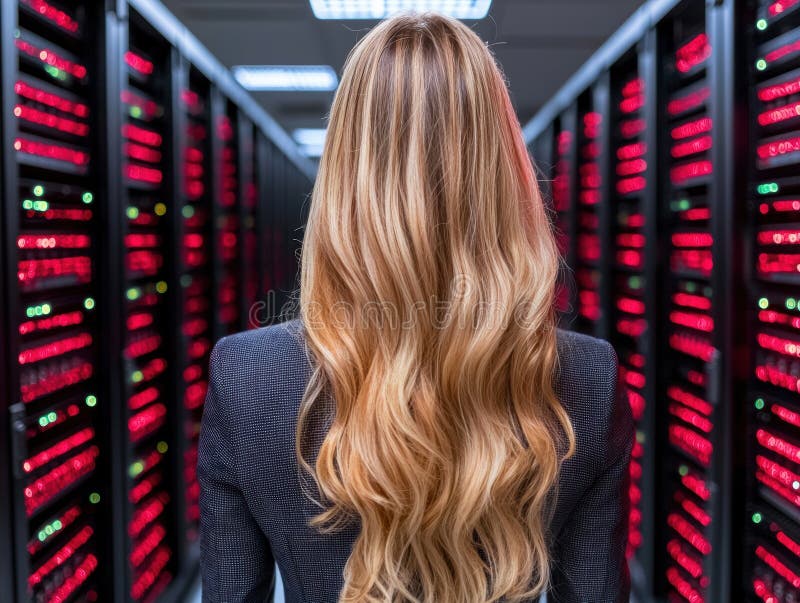 Woman Standing in a Server Room, Looking at Rows of Servers Stock ...