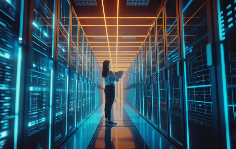 Woman Standing in Server Room Stock Illustration - Illustration of ...