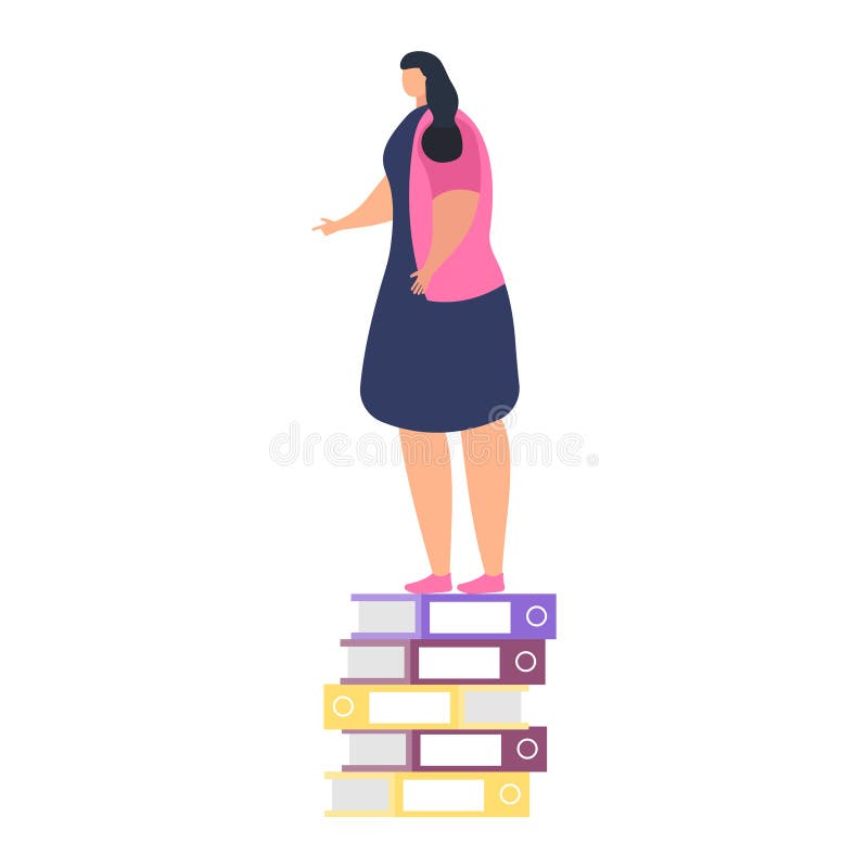 Woman Standing on Stack of Books, Presenting or Teaching. Education and ...