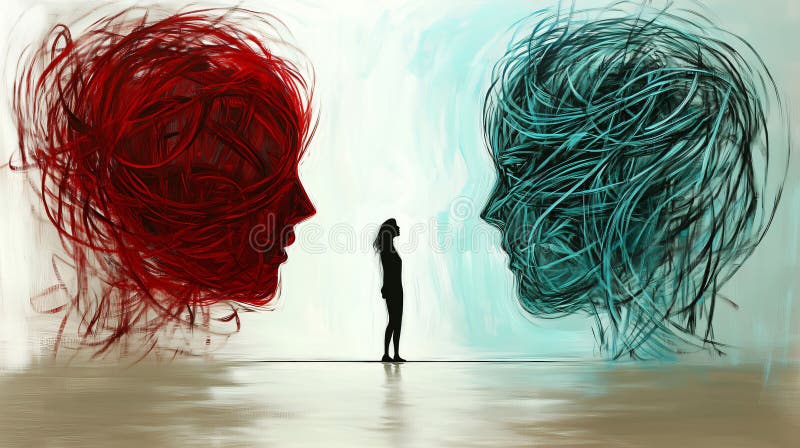 Woman Standing between Two Large Faces Representing Choice Stock ...