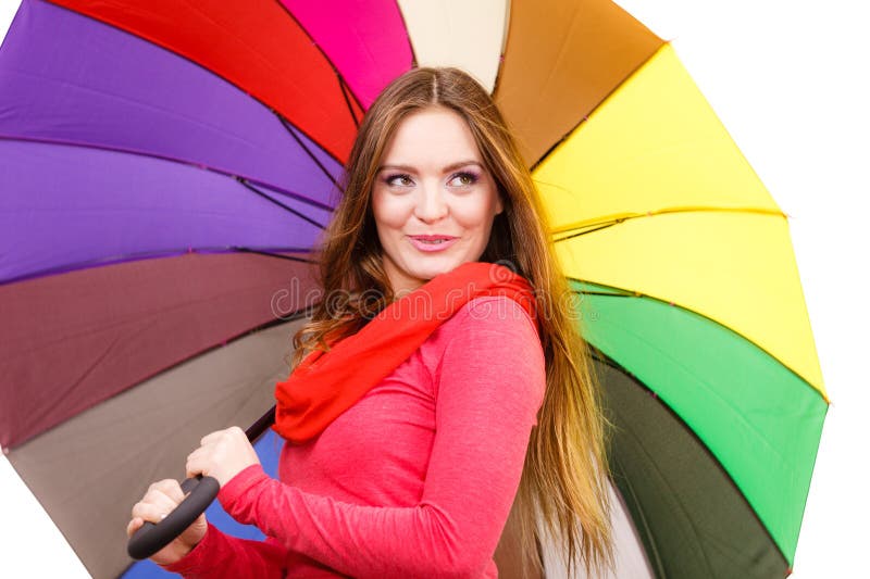 Woman Standing Under Multicolored Umbrella Stock Image Image Of Girl