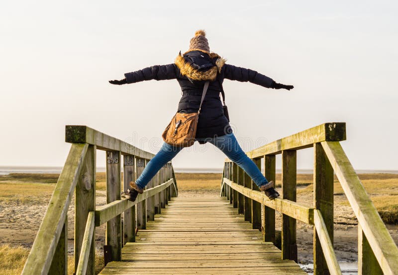 Woman is Standing on Wooden Bridge Stock Image - Image of bridge ...