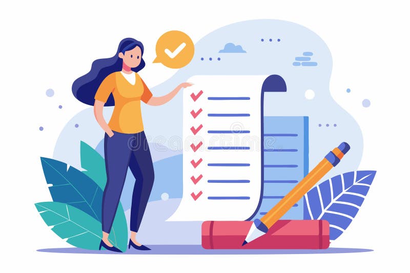 A Woman Stands beside a Checklist, Marking Tasks Complete in a Vibrant ... A Woman Stands beside a Checklist, Marking Tasks Complete in a Vibrant ...