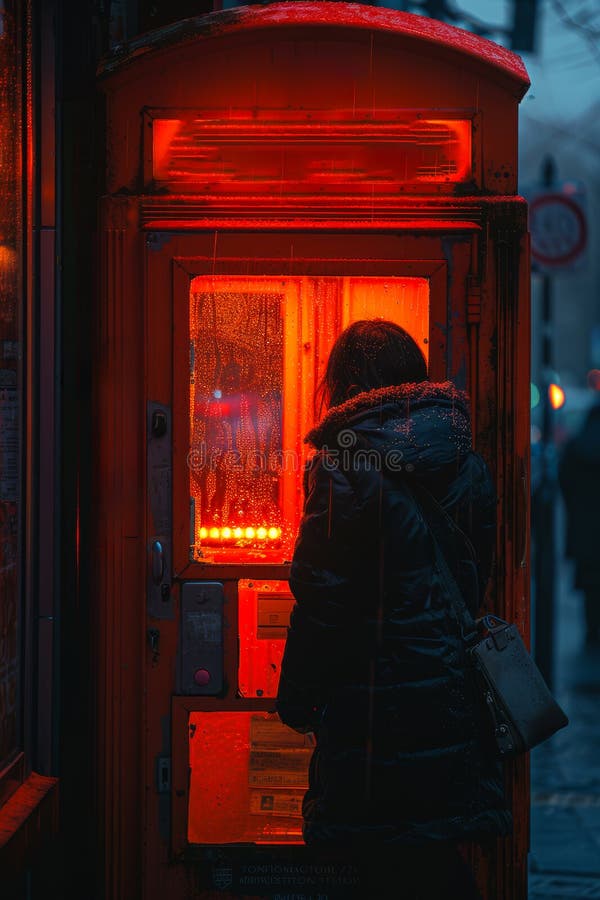A Woman Stands in Front of a Red Phone Booth with a Red Light on it ...