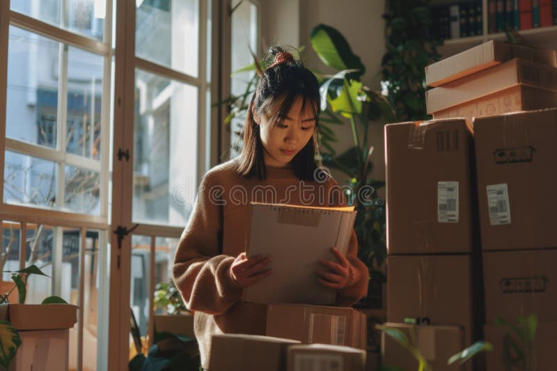 A Woman Stands in Front of a Stack of Boxes, Possibly Moving or Storing ...