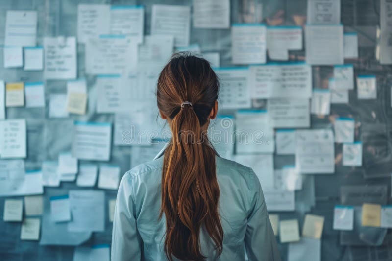Woman Contemplating a Wall Filled with Colorful Sticky Notes and ...