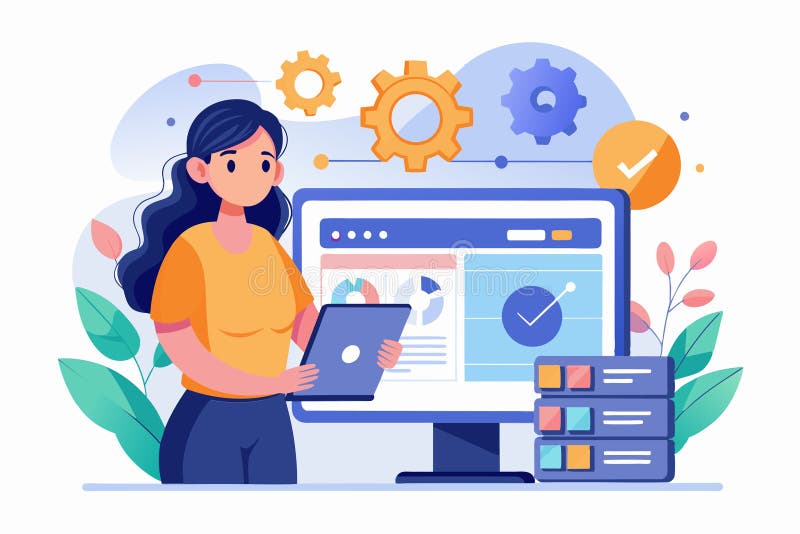 A Woman Stands Holding a Tablet, Focused on the Operating System ...