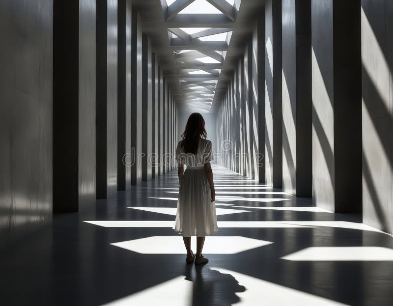 A Woman Stands in a Labyrinth Made from Sharp Light and Shadow Patterns ...