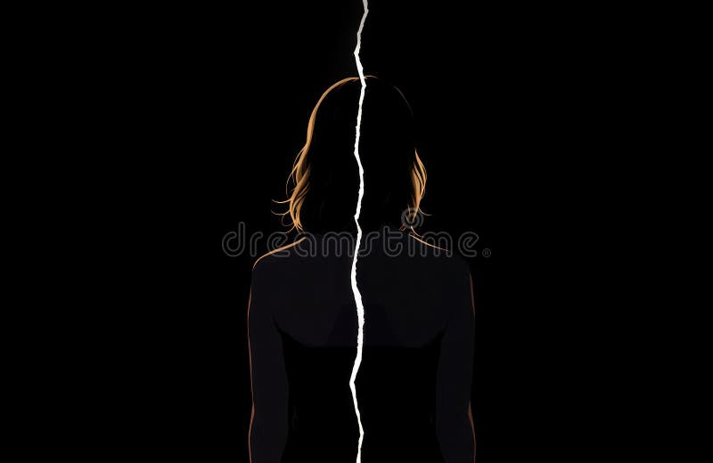 Woman Stands between Light, Shadow. Internal Conflict, Struggle Shown ...