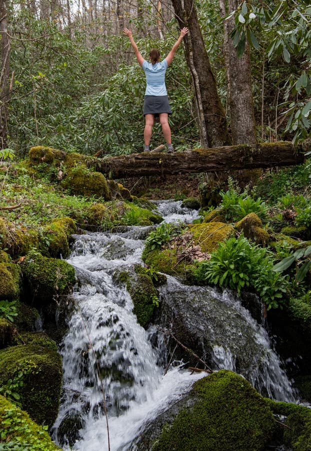 Woman Stands on Log Bridge and Power Poses Stock Image - Image of ...