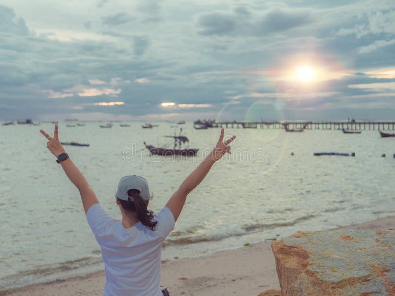 Woman Stands at a Lost Man Looking at the Sun . Stock Photo - Image of ...