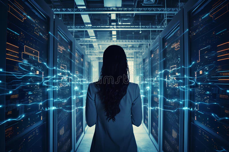 A Woman Stands in a Server Room, Seen from Behind, Representing the ...