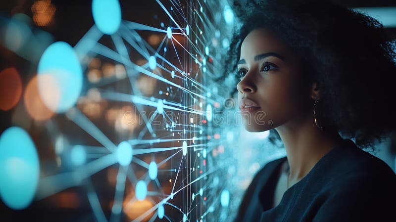 Woman Stares Intently at Complex Digital Network, Showcasing Tech ...