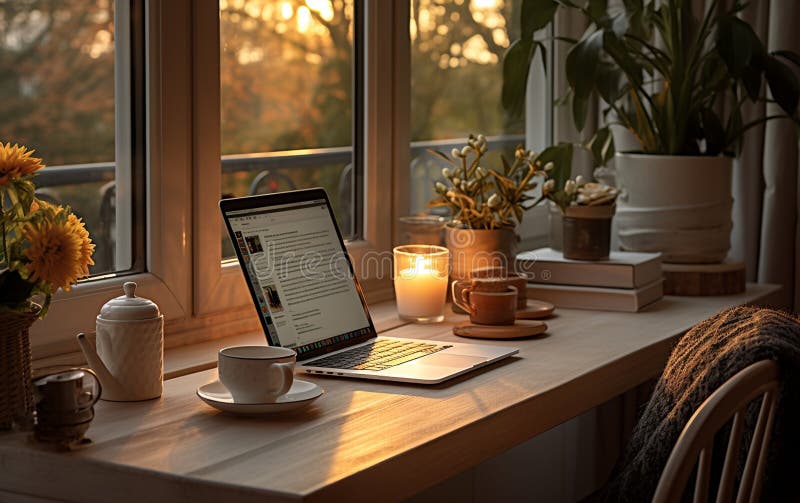 Woman Starting Her Day, Computer Work with Coffee in the Morning ...