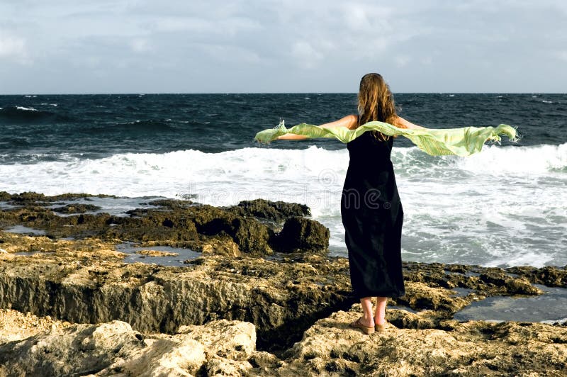 Woman Staying at the Seashore , Windy Day Stock Image - Image of ...