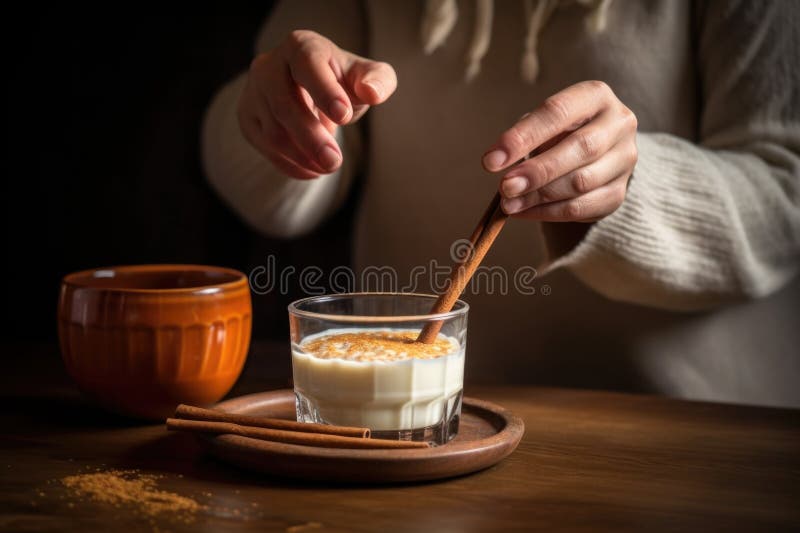 Woman Stirring Rice Pudding Drink with a Cinnamon Stick Stock Photo ...