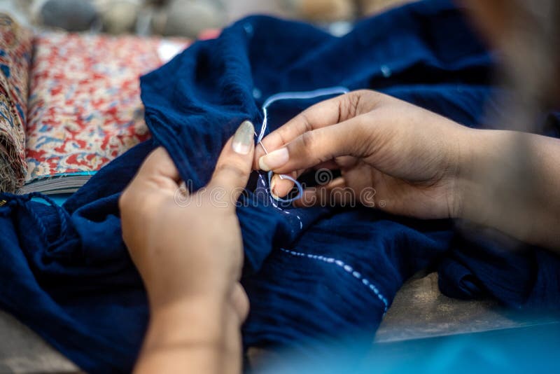 Woman Stitching Cloth Close Up Stock Image - Image of fingers, hand ...