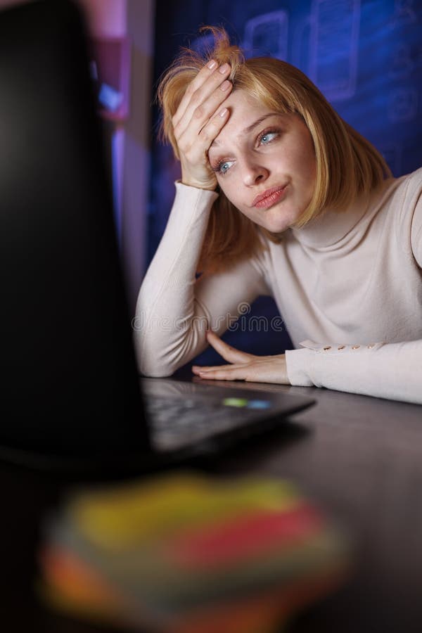 Woman Anxious while Working Late Stock Image - Image of office ...