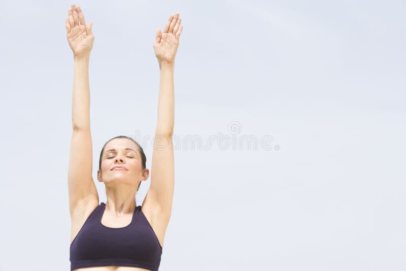 Woman Stretches Arm Up with Eyes Closed Stock Photo - Image of hands ...