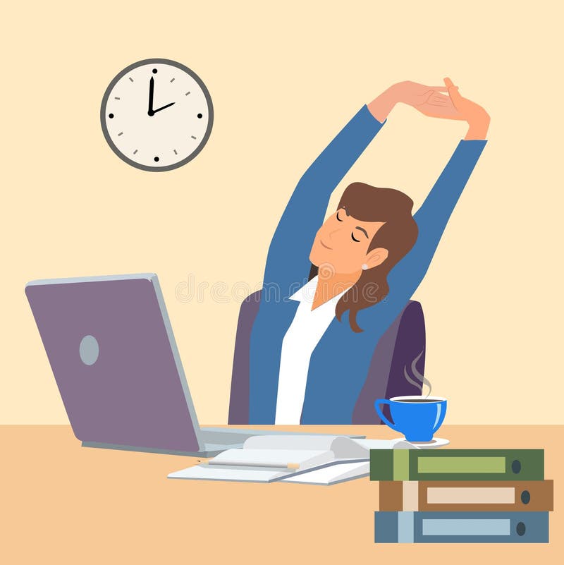 Woman Stretching Hands at Workplace, Learning Back in Comfortable Chair ...