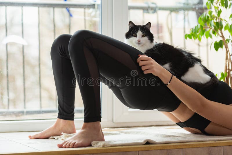 Woman Stretching In Home With Cute Small Black And White Cat Yoga Pose