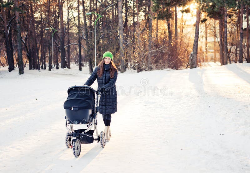 Woman with Stroller Going for a Walk in Stock Image - Image of pram ...