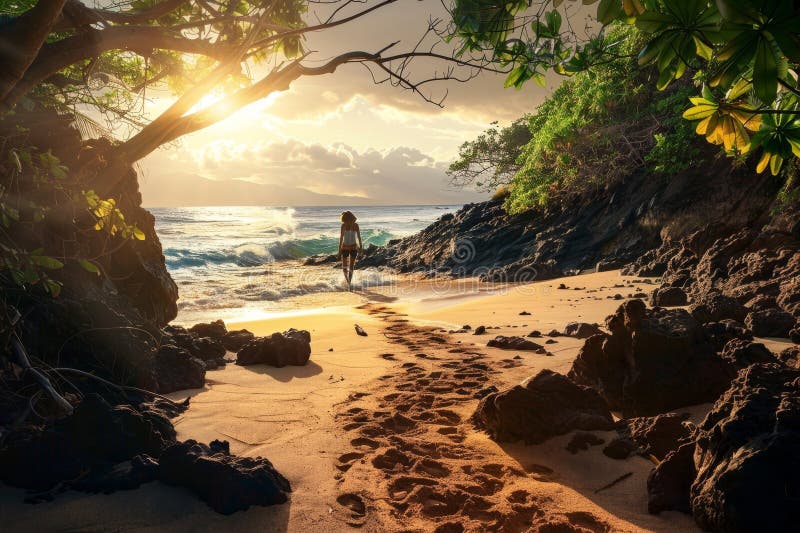 A Woman Strolls Along a Path on a Rocky Beach during Sunset, Exploring ...