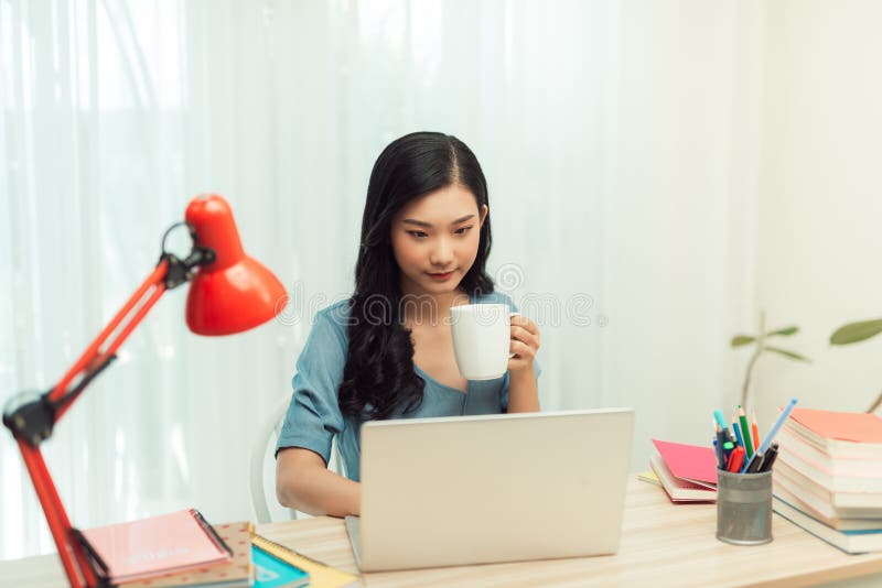 Woman or Student Girl with Laptop Computer Drinking Coffee Stock Photo ...