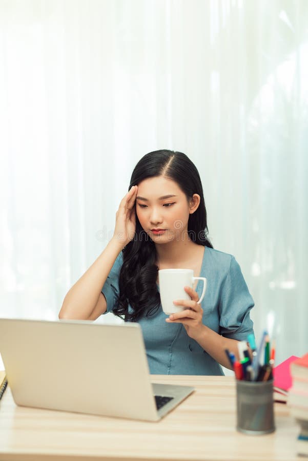 Woman or Student Girl with Laptop Computer Drinking Coffee Stock Photo ...