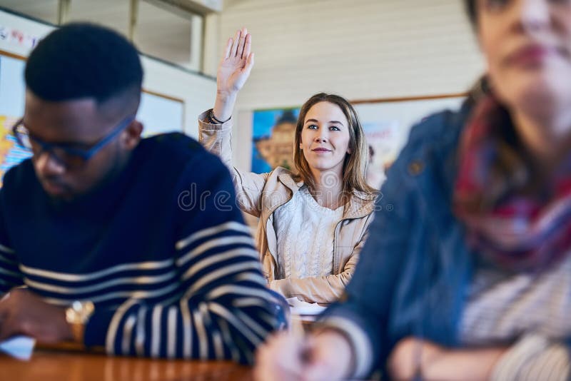 Woman, Student and Hand Raised for Question, Classroom and Happy with ...