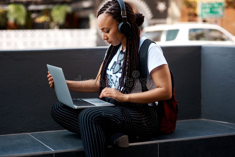 Woman, Student and Headset with Laptop Outside, Typing and Online ...