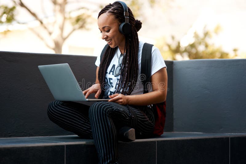 Woman, Student and Headset with Laptop Outside, Typing and Online ...