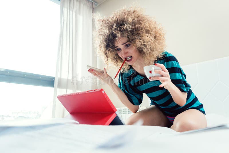 Woman Student on Her Bed Learning for Exam in Panic Stock Image - Image ...