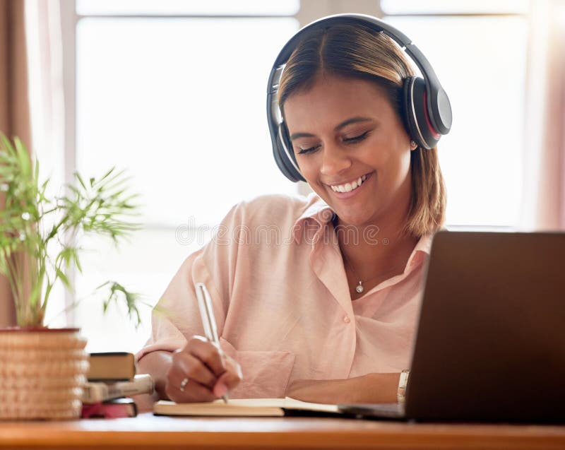 Woman, Student with Laptop and Headphone, Writing Notes in Notebook ...