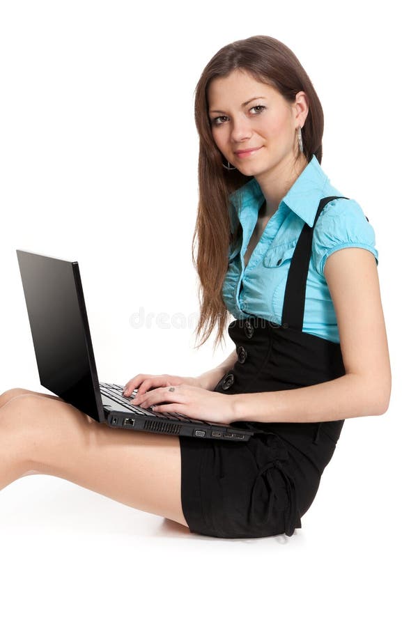 Woman Student with Laptop on Legs Typing Keyboard Stock Image - Image ...