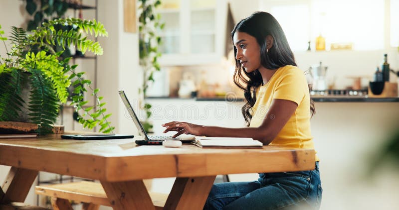 Woman, Student and Typing with Laptop in Kitchen for Online Course ...
