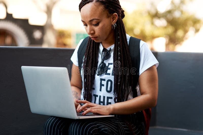 Woman, Student and Typing with Laptop Outside, Busy and Online Classes ...