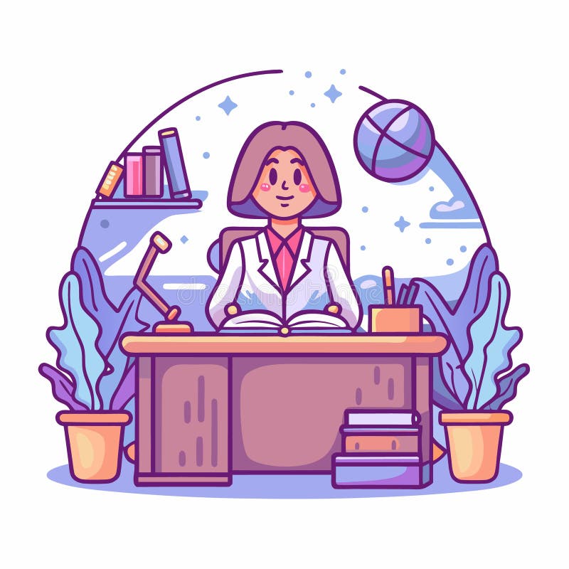 Woman Studies at Desk with Book, Plants, and Bookshelf Stock ...