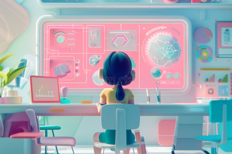 Woman Study Online Classroom with Interactive Planet Displays and ...