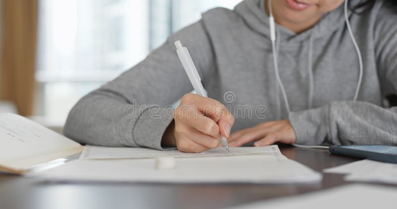 Woman Study on Paper Note with Cellphone Stock Photo - Image of ...