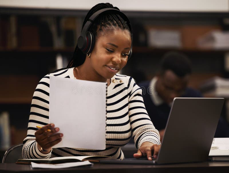 Woman, Studying and Headphones in Library for Research, Documents and ...