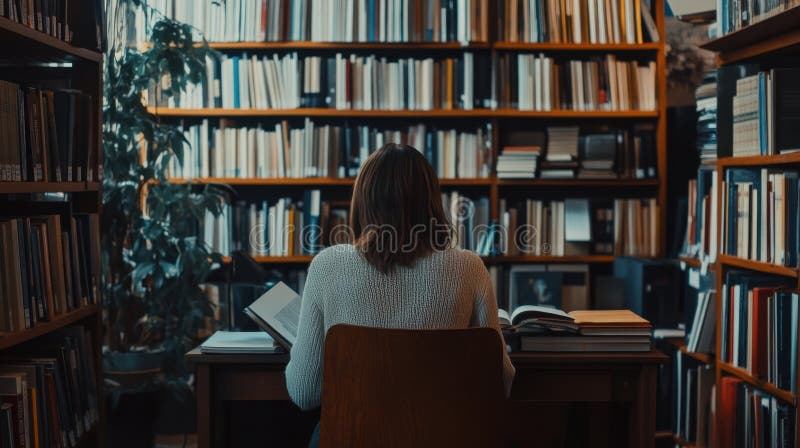 Woman Studying in Library Surrounded by Books, Knowledge, Learning, and Education Concept Stock ...